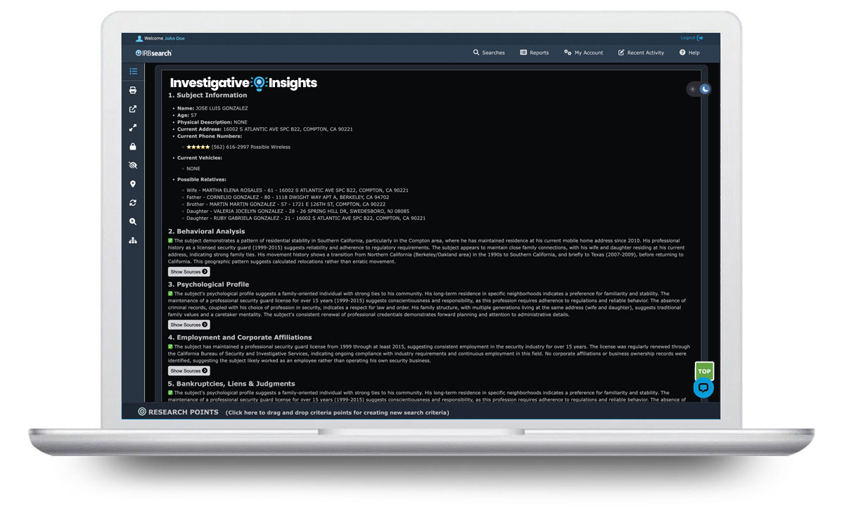 IRBsearch | Services | Investigative Insights Report